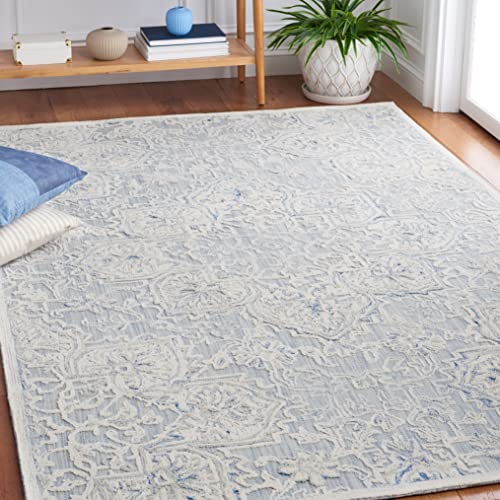 SAFAVIEH Trace Collection Area Rug - 8' x 10', Light Blue & Ivory, Handmade Floral Medallion Wool, Ideal for High Traffic Areas in Living Room, Bedroom (TRC304K)