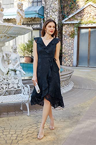 Women's Summer Long Dresses for Women Wedding Guest Floral Textured Wrap V Neck Boho Flowy Dress Navy Blue XL