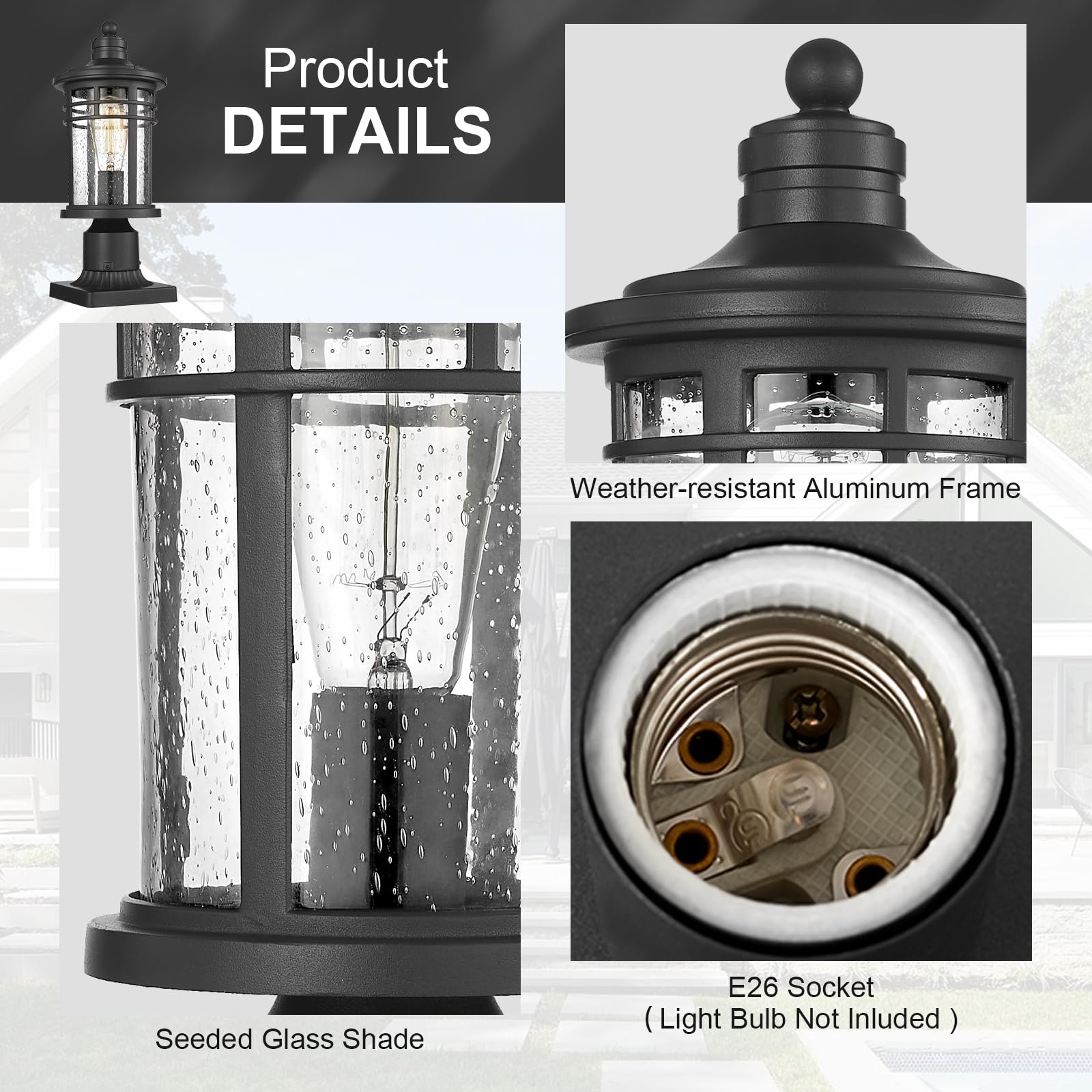 Darkaway Outdoor Post Lights Lamp Posts Outdoor Lighting, Waterproof Aluminum Post Lights Outdoor Light Fixtures with Glass, Light Posts for Outside Patio Yard (1 Pack, Black)