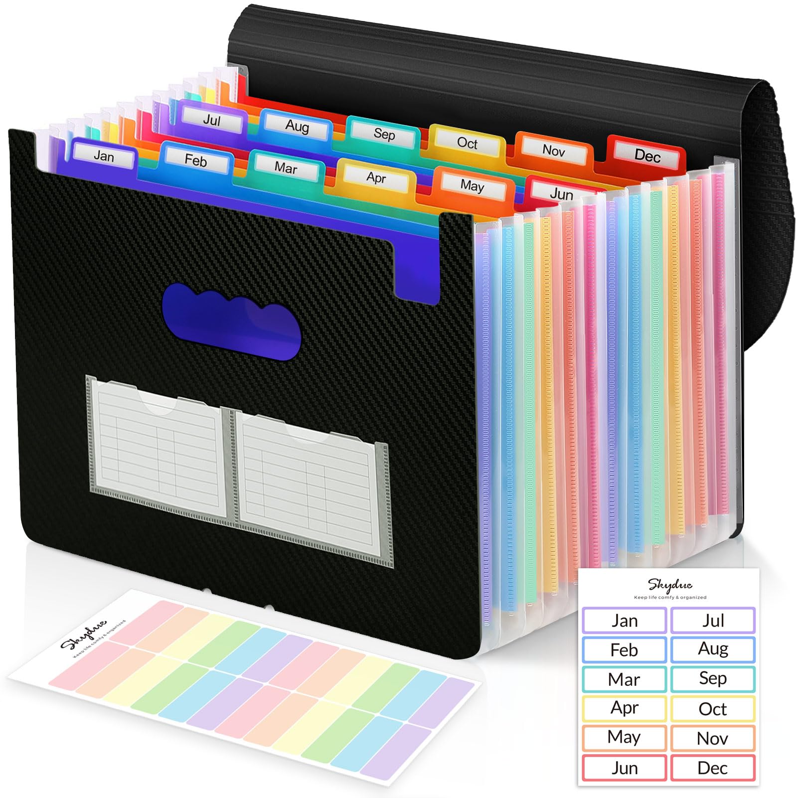 SKYDUE Accordion File Organizer, 12 Pockets File Folders, Letter Size Expanding File Folder with Colored Tabs and Expandable Cover, Portable Bill Receipt Organizer Black