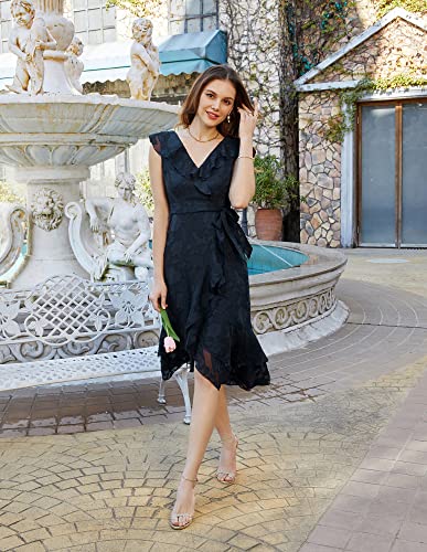 Women's Summer Long Dresses for Women Wedding Guest Floral Textured Wrap V Neck Boho Flowy Dress Navy Blue XL