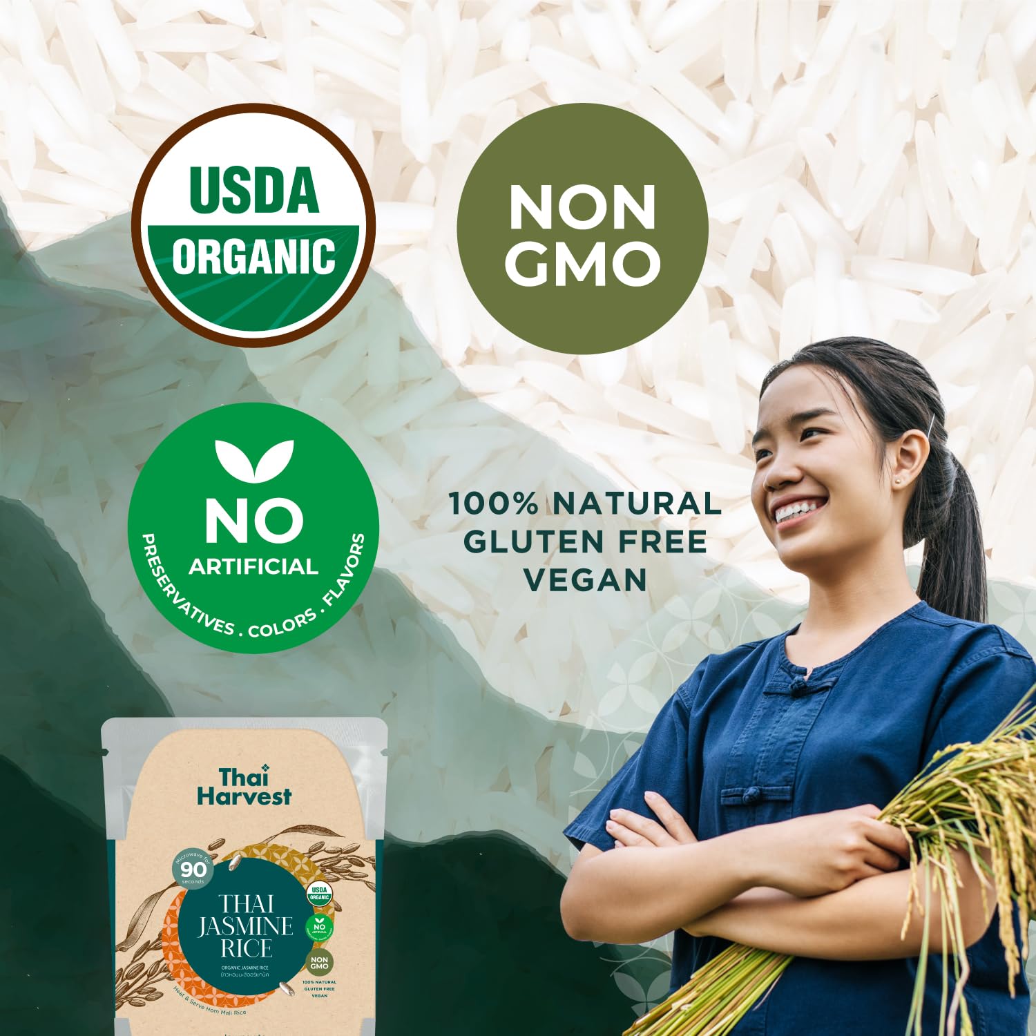 THAI HARVEST 100% USDA Organic Jasmine Rice 7 Ounce (Pack of 8) Microwaveable 90 Seconds Ready to Eat Instant Jasmine Rice for Quick Dinner Meals Zero Preservatives Gluten Free