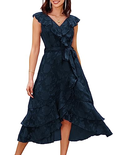 Women's Summer Long Dresses for Women Wedding Guest Floral Textured Wrap V Neck Boho Flowy Dress Navy Blue XL