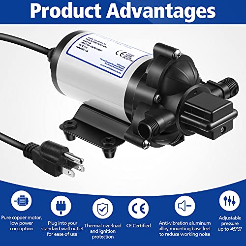 Water Pressure Diaphragm Pump Industrial 115V, Self Priming Pump 4 Gpm 45 Psi include Power Plug, Fittings Strainer Filter for Kitchen Bathroom RV Marine Yacht Caravan, Garden Hose