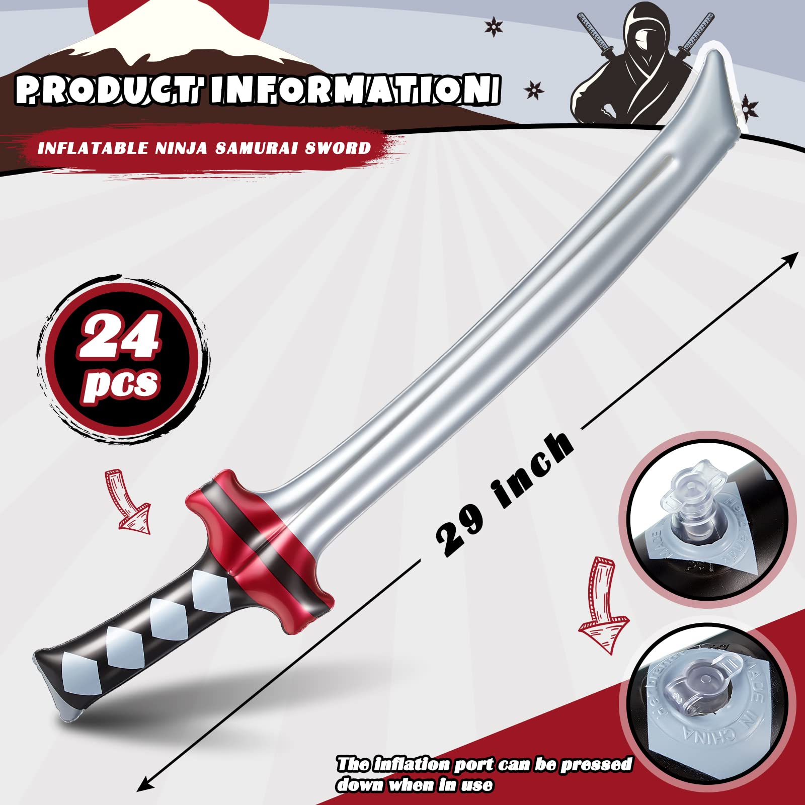 Deekin 24 Pcs Inflatable Ninja Samurai Sword Inflatable Ninja Swords Inflated Katana Sword Toy Blow up Samurai Sword Toy Costume Accessories for Girls and Boys Birthday Ninja Theme Party