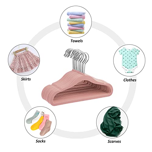 MangoKit 15 Pack Baby Velvet Clothes Hanger,Ultra-Thin Space-Saving Nursery Hangers,Non-Slip Toddler Hangers with Swivel Hook,Notched Shoulder Design(Pink)