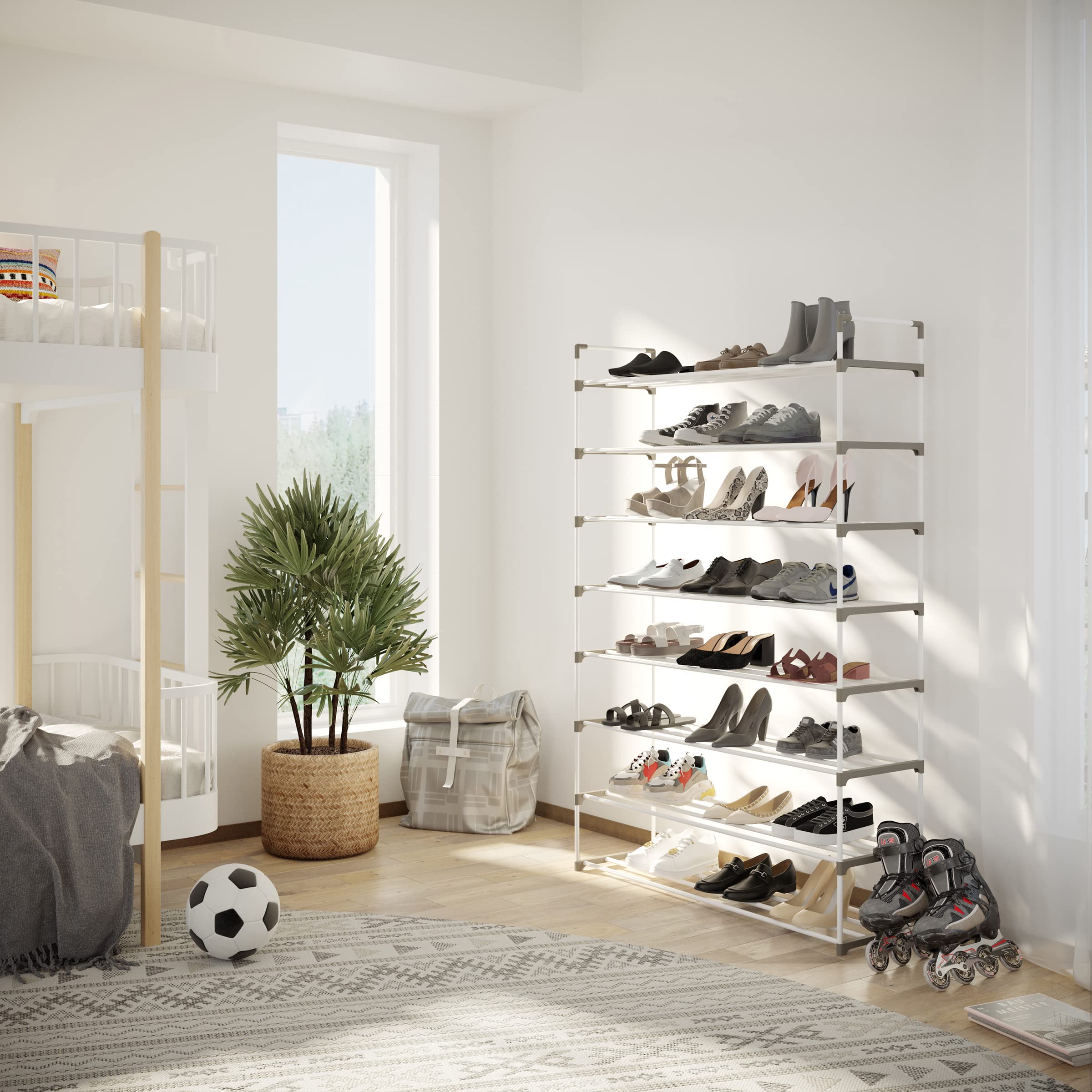 Home-Complete Shoe Rack - 8-Tier Shoe Organizer for Closet, Bathroom, Entryway - Shelf Holds 40 Pairs Sneakers, Heels, Boots (White)