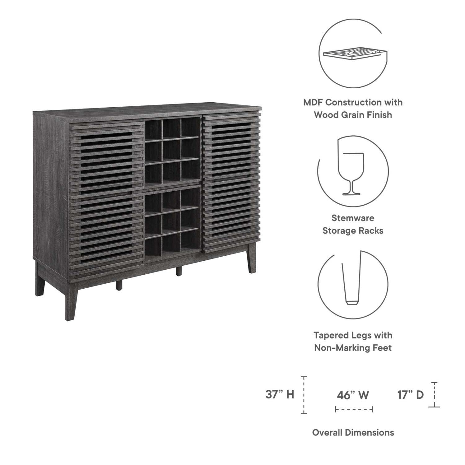 Modway Render Mid-Century Modern Wine Bar Cabinet in Charcoal 17 x 46 x 37