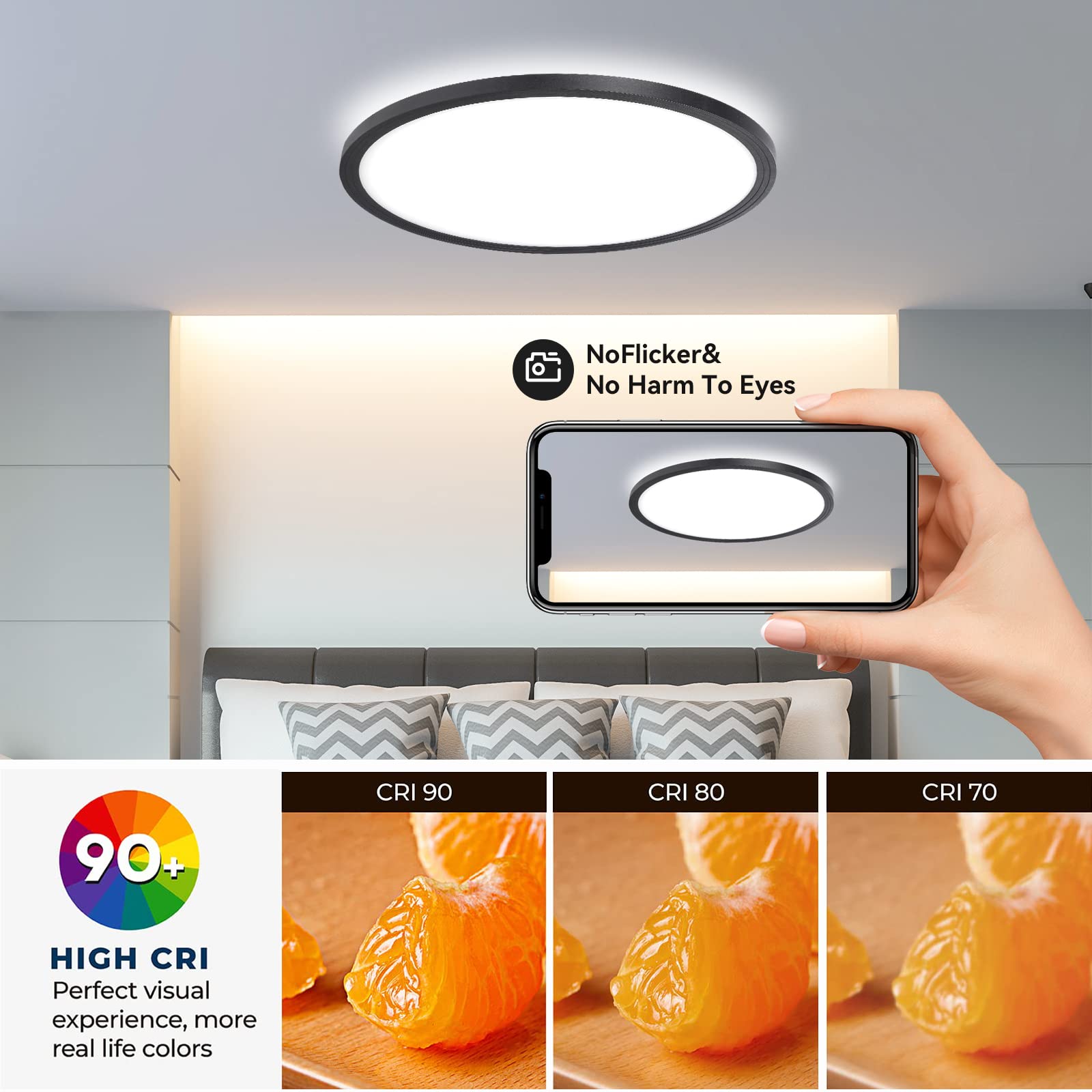 RGZZUP 28W LED Flush Mount Ceiling Light, Shell 3 Color Changeable (3000K/4000K/6000K),120V Slim Surface Mount Ceiling Light Lighting Fixture for Kitchen Bedroom Living Room (Black-4 Pack)