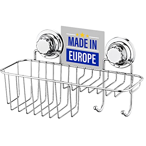 EDNA HOME Shower Organizer with Vacuum Suction Cups, Shower Caddy with 2 Levels, Rustproof Chrome Storage Basket, Bathroom Holder for Soap, Shampoo, Gel, Conditioner, Made in Europe