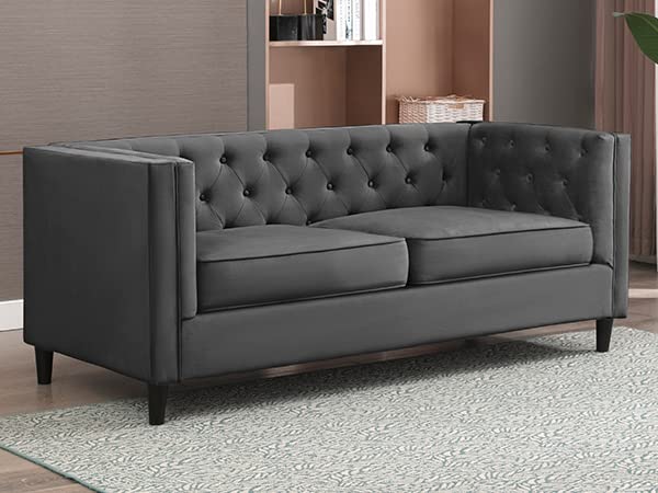 BALUS Button Tufted Upholstered Sofa, Modern Velvet Couch with Solid Wood Construction, Classic Chesterfield, 2 Seater Sofa Couch, Couches for Living Room/Apartment/Office/Bedroom Furniture,Dark Grey
