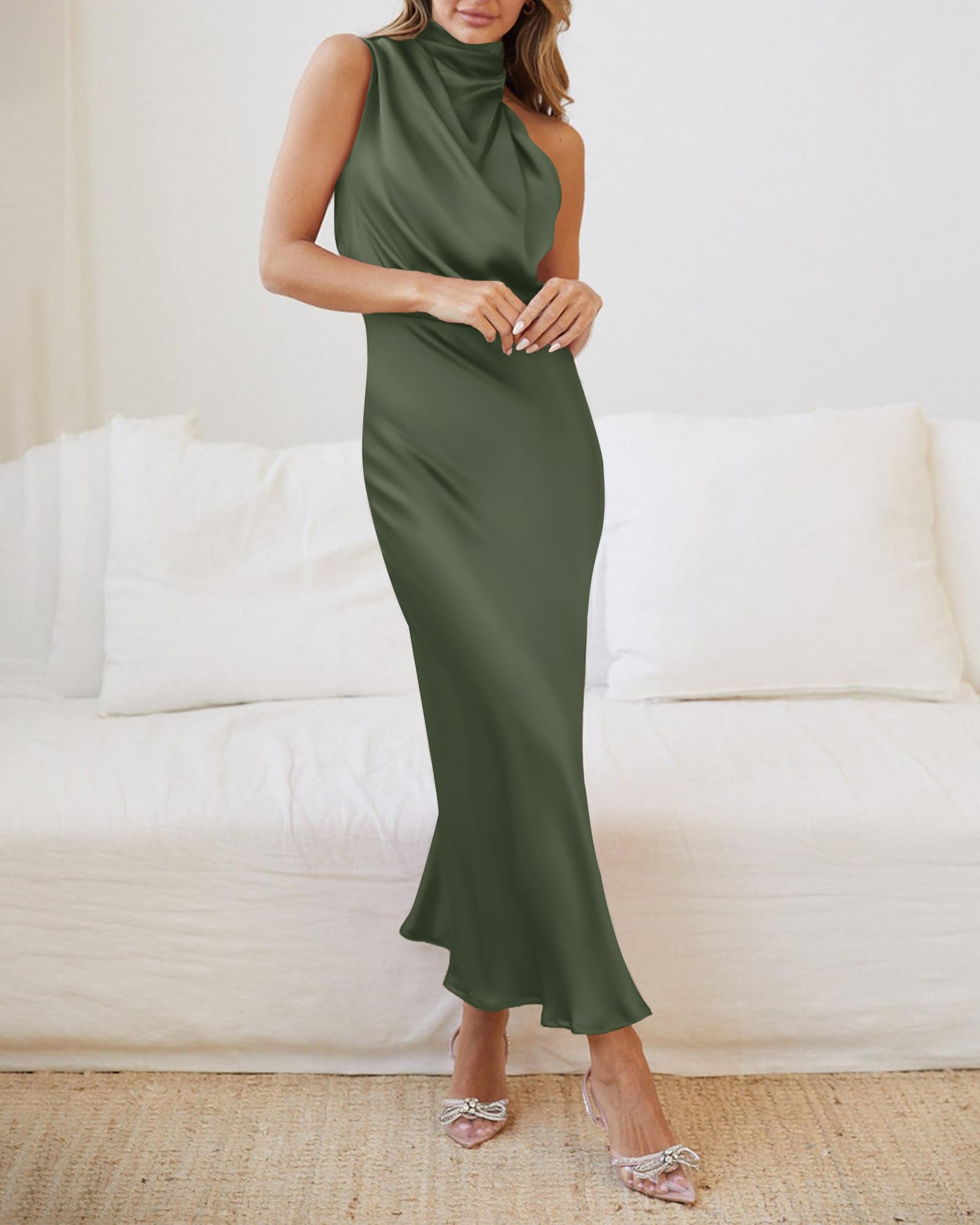 BTFBM Women's Sleeveless Cocktail Dresses Mock Neck Keyhole Elastic High Waist Wedding Guest Evening Party Maxi Dress(Solid Army Green, Medium)