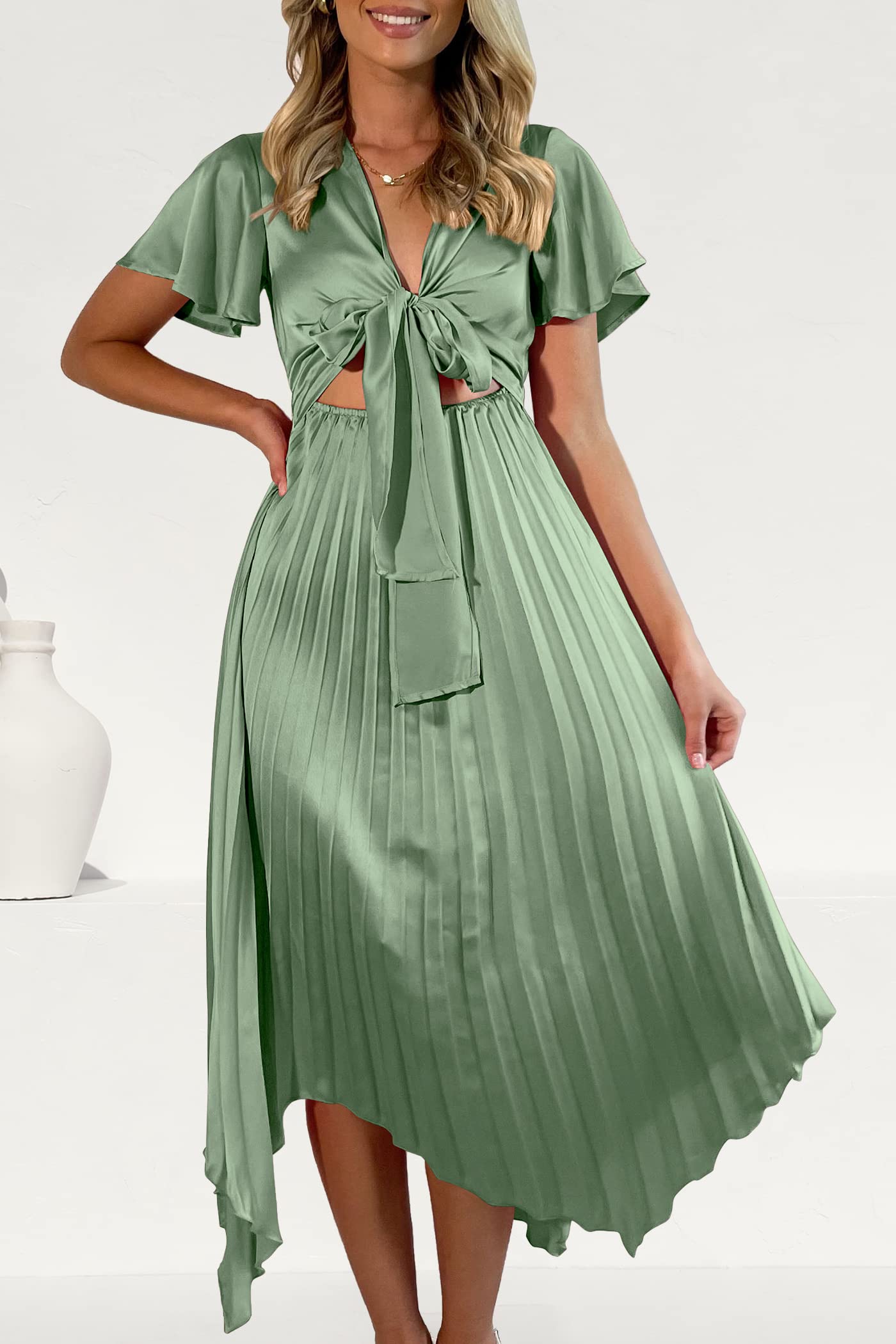 PRETTYGARDEN Women's 2023 Satin Summer Dress Short Sleeve V Neck Tie Front Cutout Pleated A Line Midi Dresses (Light Green,Medium)