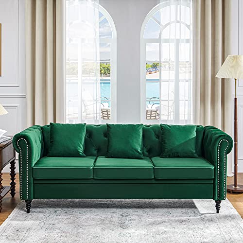 kinmars Chesterfield Sofa Velvet,3 Seater Couch Furniture,Couches for Living Room with Deep Button Tufting,Large Sofa with Rolled Arms (Green)
