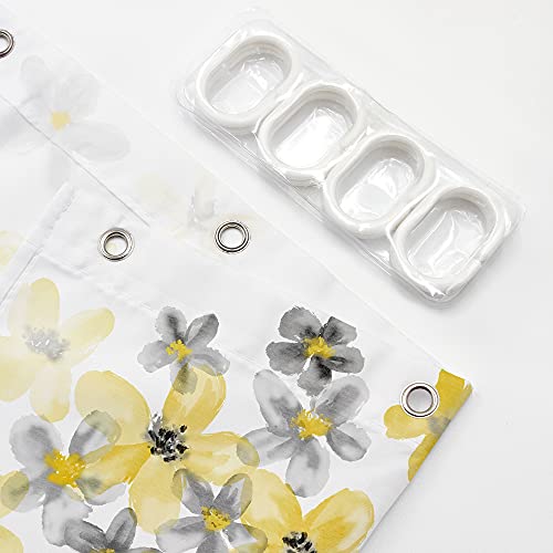 SUMGAR Yellow Flower Shower Curtain Bathroom Fabric Grey Floral Polyester Cloth Farmhouse Boho Rustic Summer Decorative Washable Shower Curtains Set with Hooks 72 x 72 Inch
