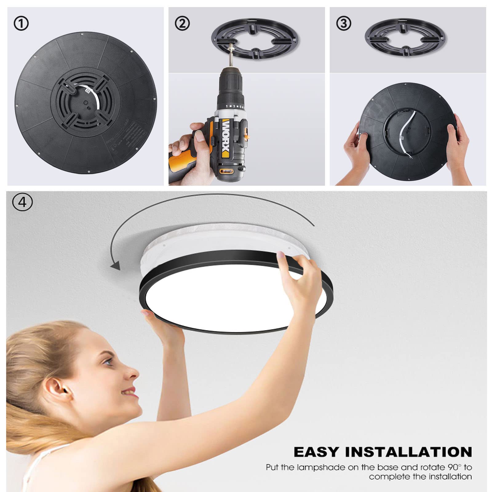 RGZZUP 28W LED Flush Mount Ceiling Light, Shell 3 Color Changeable (3000K/4000K/6000K),120V Slim Surface Mount Ceiling Light Lighting Fixture for Kitchen Bedroom Living Room (Black-4 Pack)