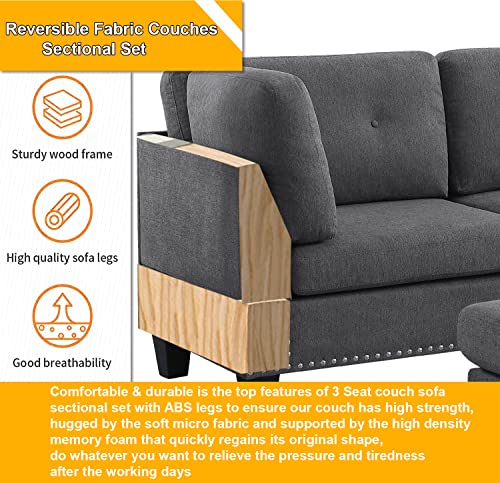 Flesser Small Sectional Sofa with Chaise Lounge Sofa and Convertible Ottoman L Shape Living Room Small Couches 3 Seat Sofa Couch for Home Office, Right Facing Couch in Dark Grey
