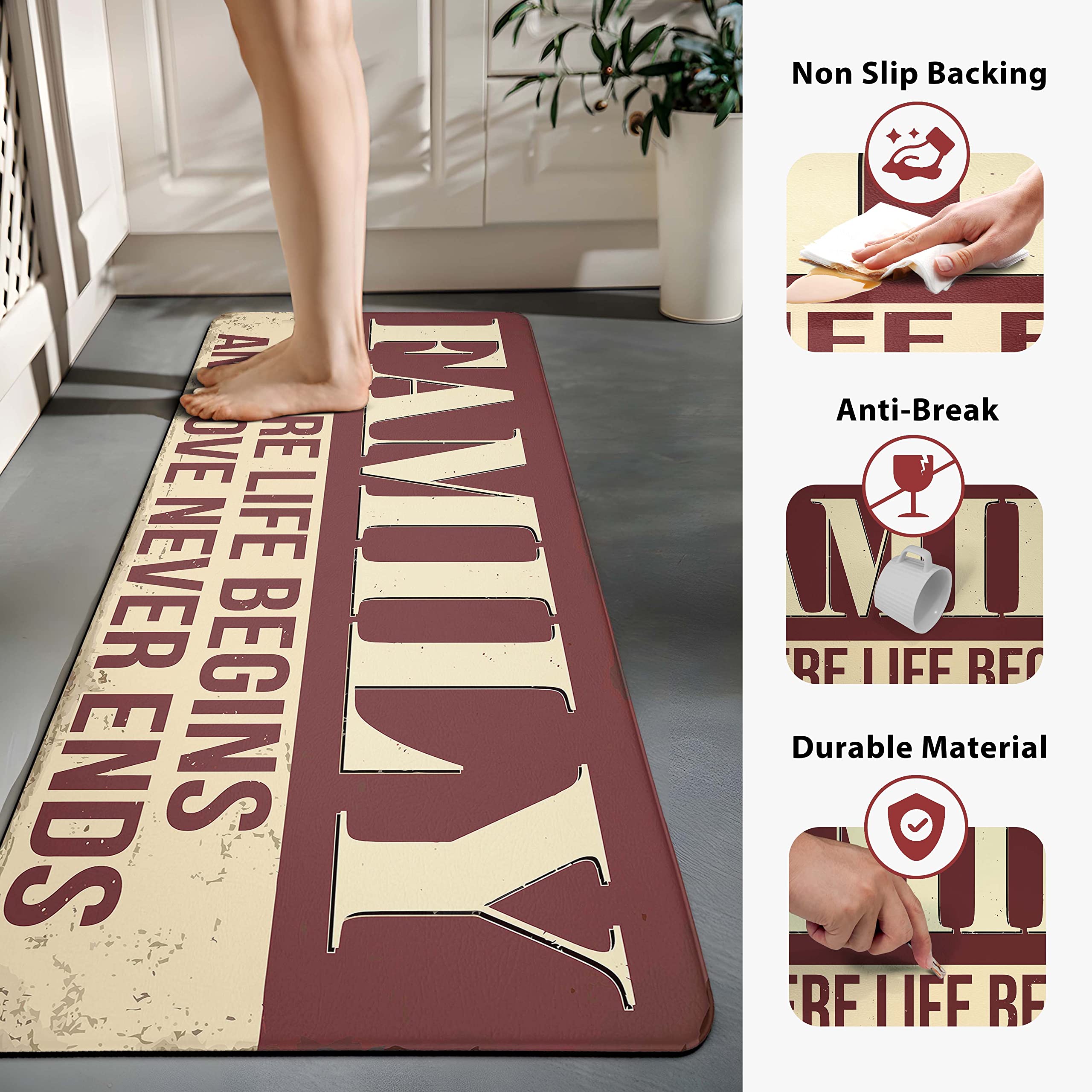 Anti Fatigue Red Kitchen Mats Sets 2 Piece Kitchen Quote Standing Rugs Farmhouse Cushioned Memory Foam Kitchen Floor Mats Non Skid Washable Kitchen Rugs for Sink Laundry Room,17.3x28+17.3x47 Inch