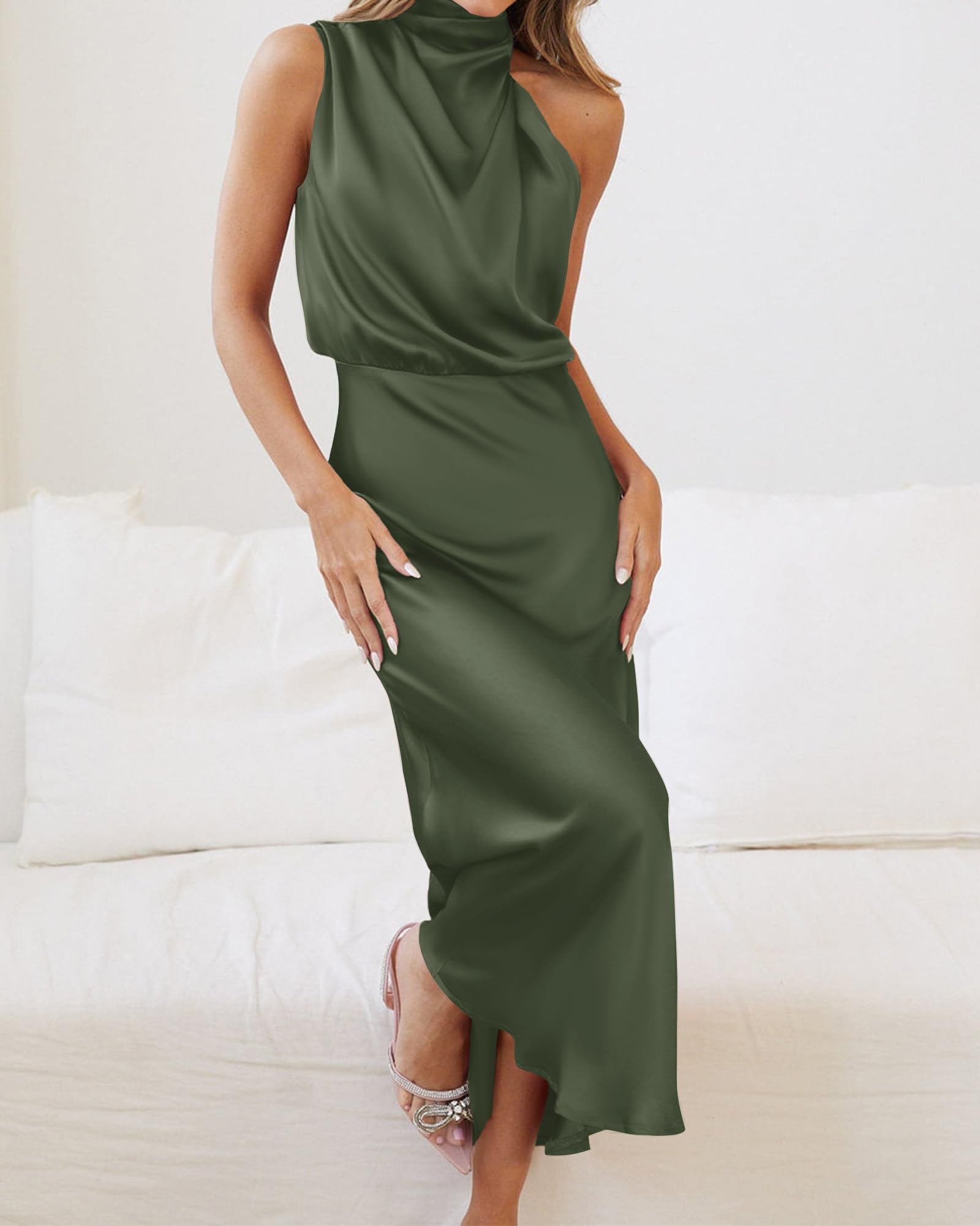 BTFBM Women's Sleeveless Cocktail Dresses Mock Neck Keyhole Elastic High Waist Wedding Guest Evening Party Maxi Dress(Solid Army Green, Medium)