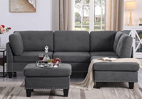 Flesser Small Sectional Sofa with Chaise Lounge Sofa and Convertible Ottoman L Shape Living Room Small Couches 3 Seat Sofa Couch for Home Office, Right Facing Couch in Dark Grey