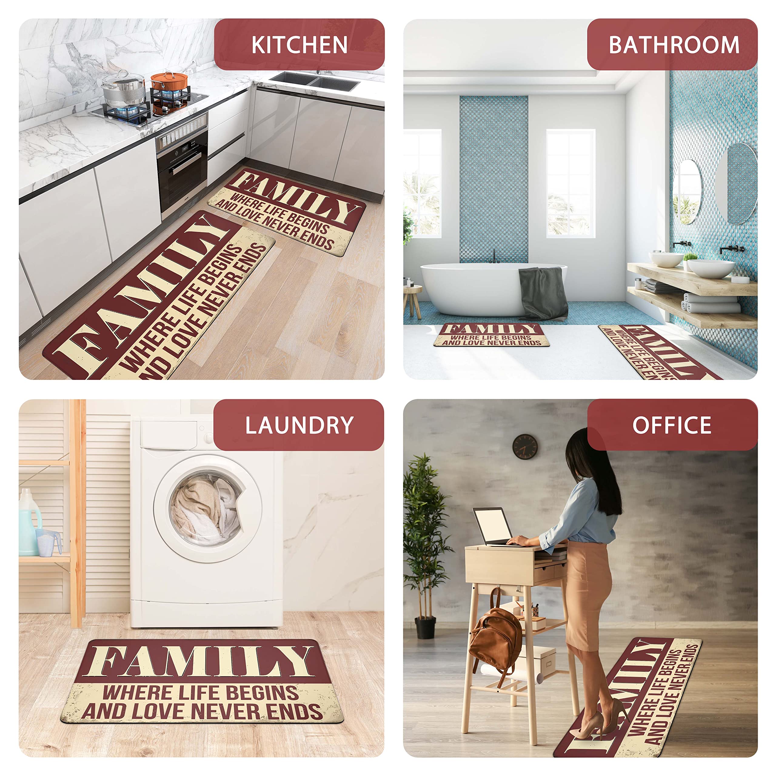 Anti Fatigue Red Kitchen Mats Sets 2 Piece Kitchen Quote Standing Rugs Farmhouse Cushioned Memory Foam Kitchen Floor Mats Non Skid Washable Kitchen Rugs for Sink Laundry Room,17.3x28+17.3x47 Inch