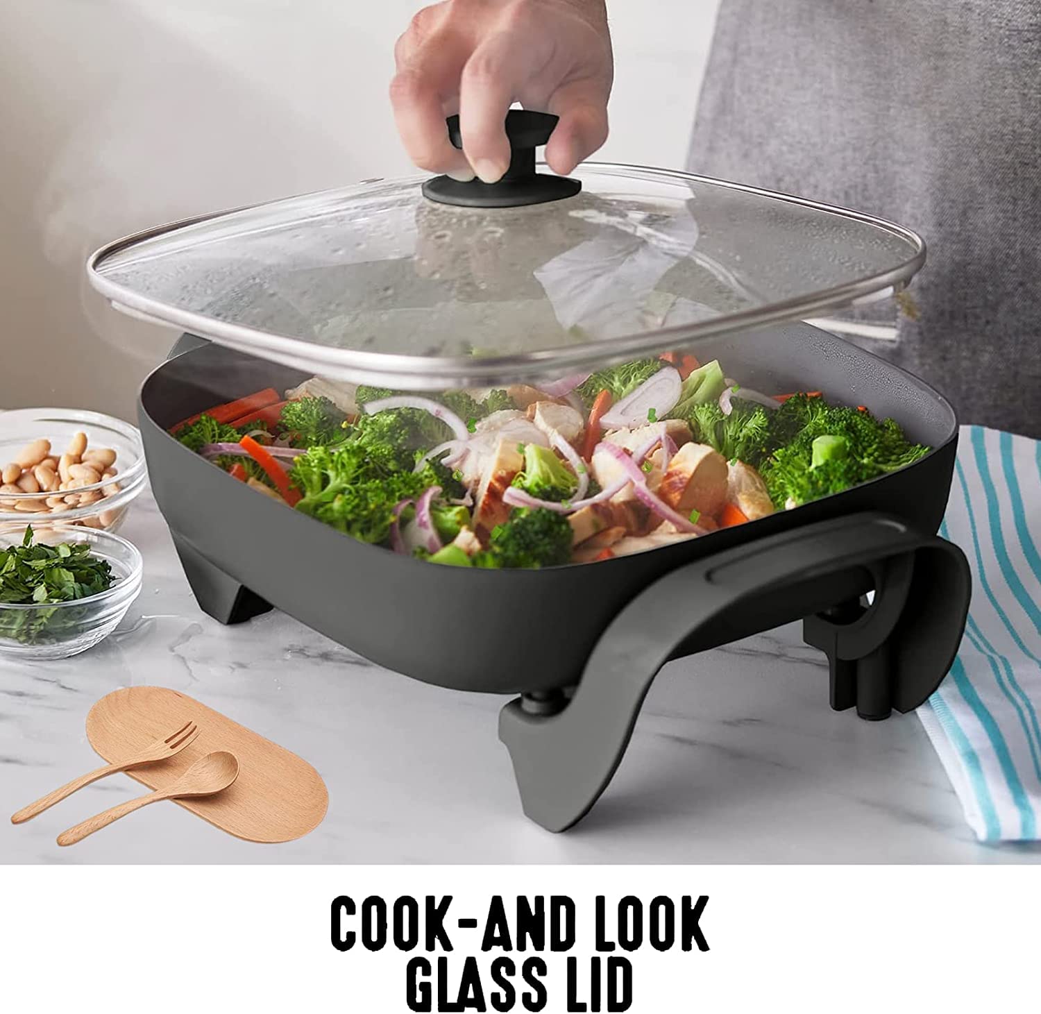12-inch Ceramic Electric Skillet Nonstick - with Glass Lid, Adjustable Temperature Control (5QT.)