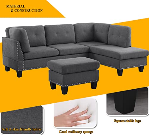 Flesser Small Sectional Sofa with Chaise Lounge Sofa and Convertible Ottoman L Shape Living Room Small Couches 3 Seat Sofa Couch for Home Office, Right Facing Couch in Dark Grey