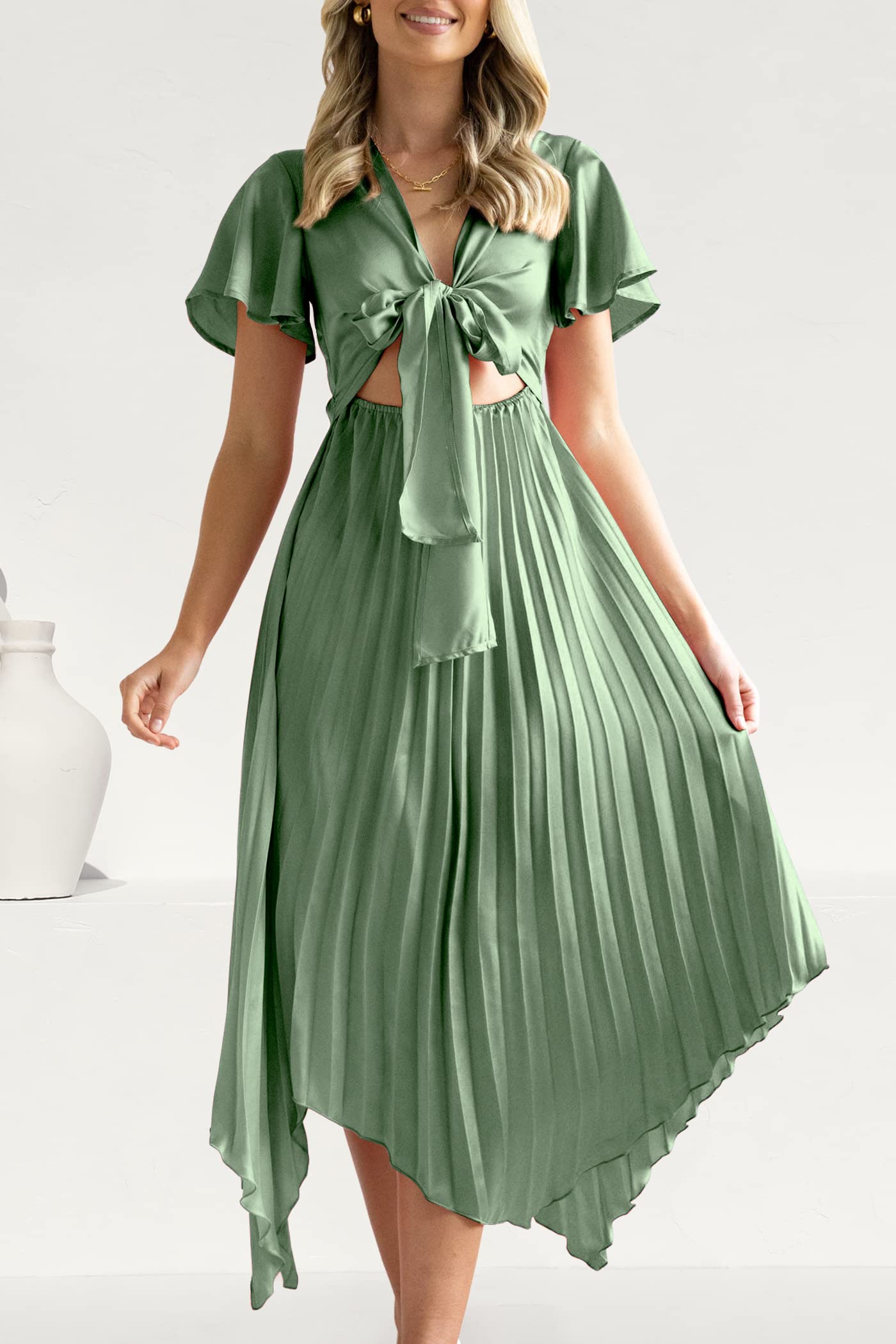 PRETTYGARDEN Women's 2023 Satin Summer Dress Short Sleeve V Neck Tie Front Cutout Pleated A Line Midi Dresses (Light Green,Medium)