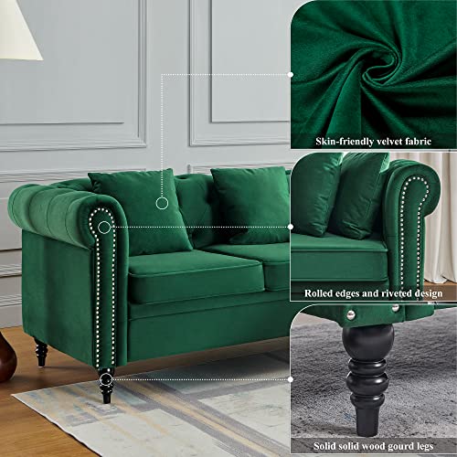 kinmars Chesterfield Sofa Velvet,3 Seater Couch Furniture,Couches for Living Room with Deep Button Tufting,Large Sofa with Rolled Arms (Green)