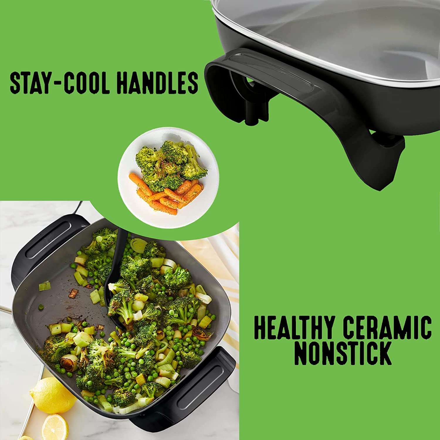 12-inch Ceramic Electric Skillet Nonstick - with Glass Lid, Adjustable Temperature Control (5QT.)
