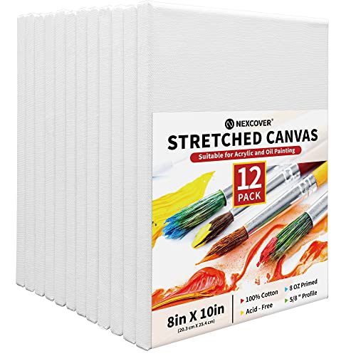NEXCOVER Stretched Canvas - 12 Pack 8x10 Inch, 5/8” Profile, 100% Cotton Art Canvas, Triple Primed White Blank Canvases, Acid-Free, Artist Painting Canvas for Acrylic, Oil, Tempera, Gouache Paint