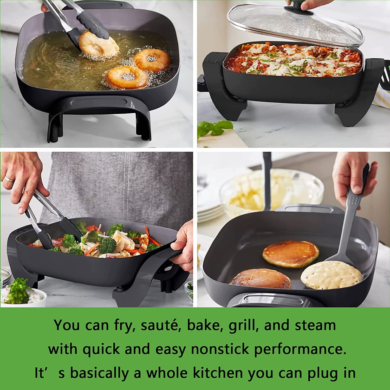 12-inch Ceramic Electric Skillet Nonstick - with Glass Lid, Adjustable Temperature Control (5QT.)