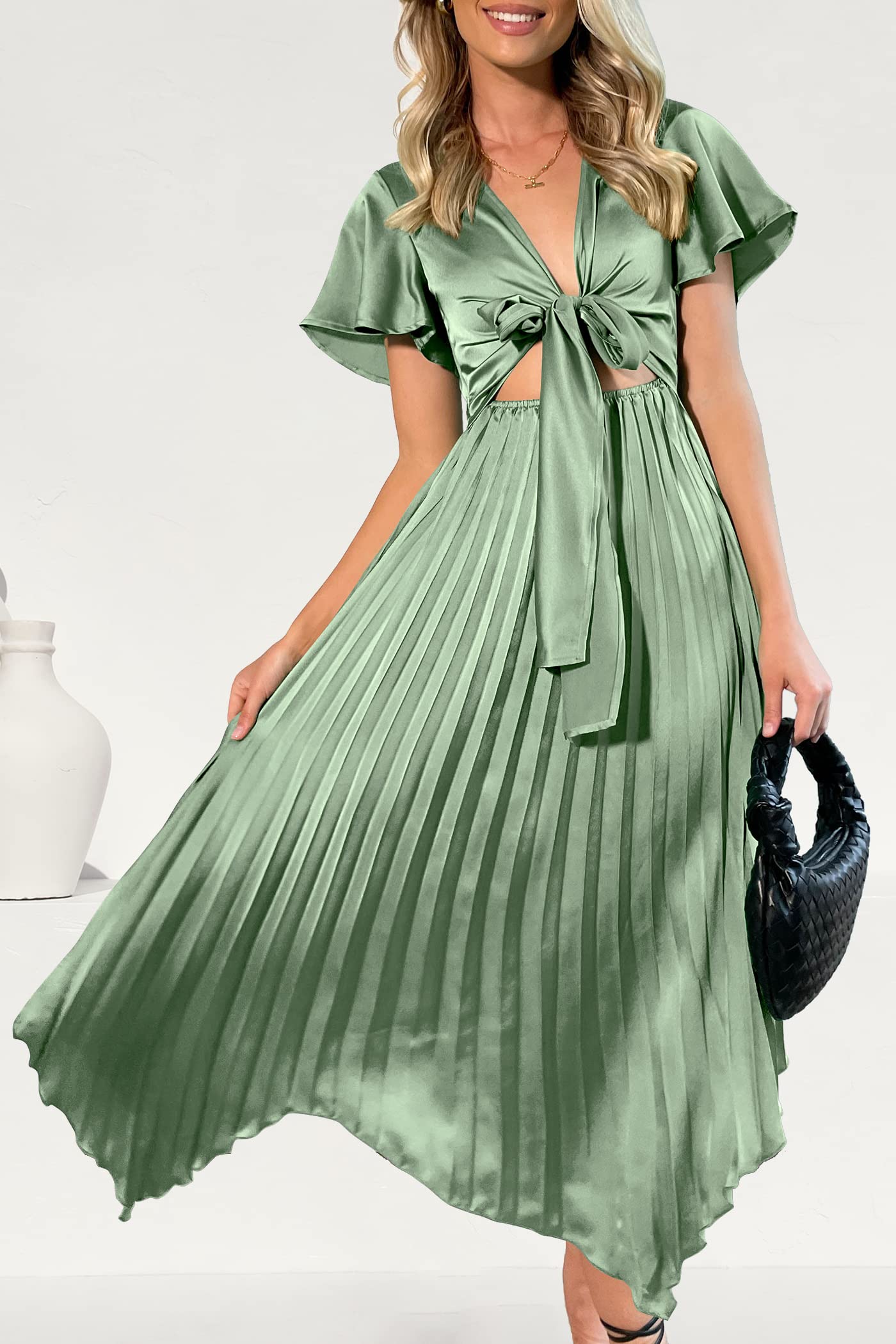 PRETTYGARDEN Women's 2023 Satin Summer Dress Short Sleeve V Neck Tie Front Cutout Pleated A Line Midi Dresses (Light Green,Medium)