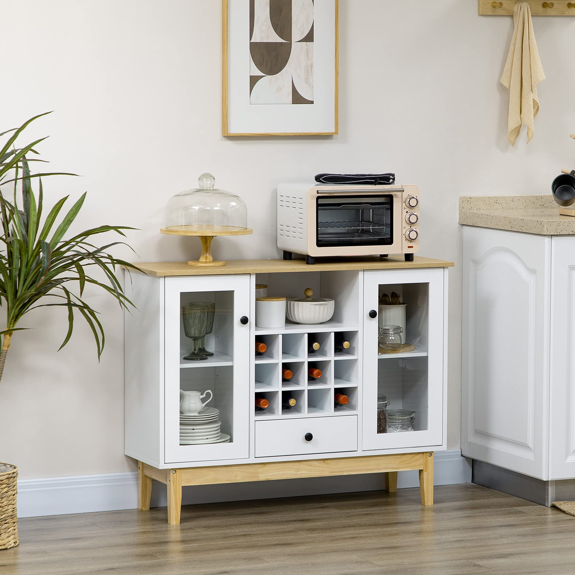 HOMCOM Wine Cabinet, Coffee Bar Cabinet with 12-Bottle Wine Rack, Drawer and Glass Doors, Kitchen Buffet Cabinet, White