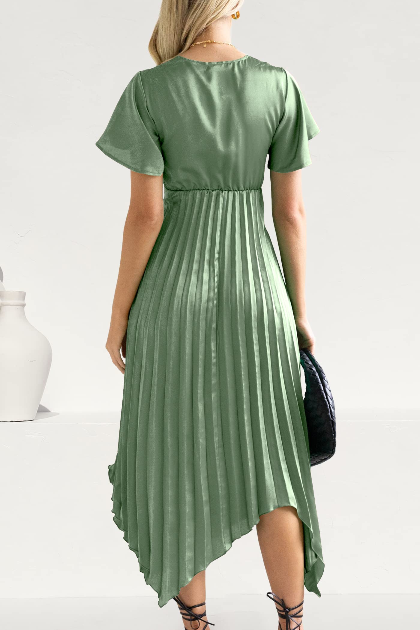 PRETTYGARDEN Women's 2023 Satin Summer Dress Short Sleeve V Neck Tie Front Cutout Pleated A Line Midi Dresses (Light Green,Medium)