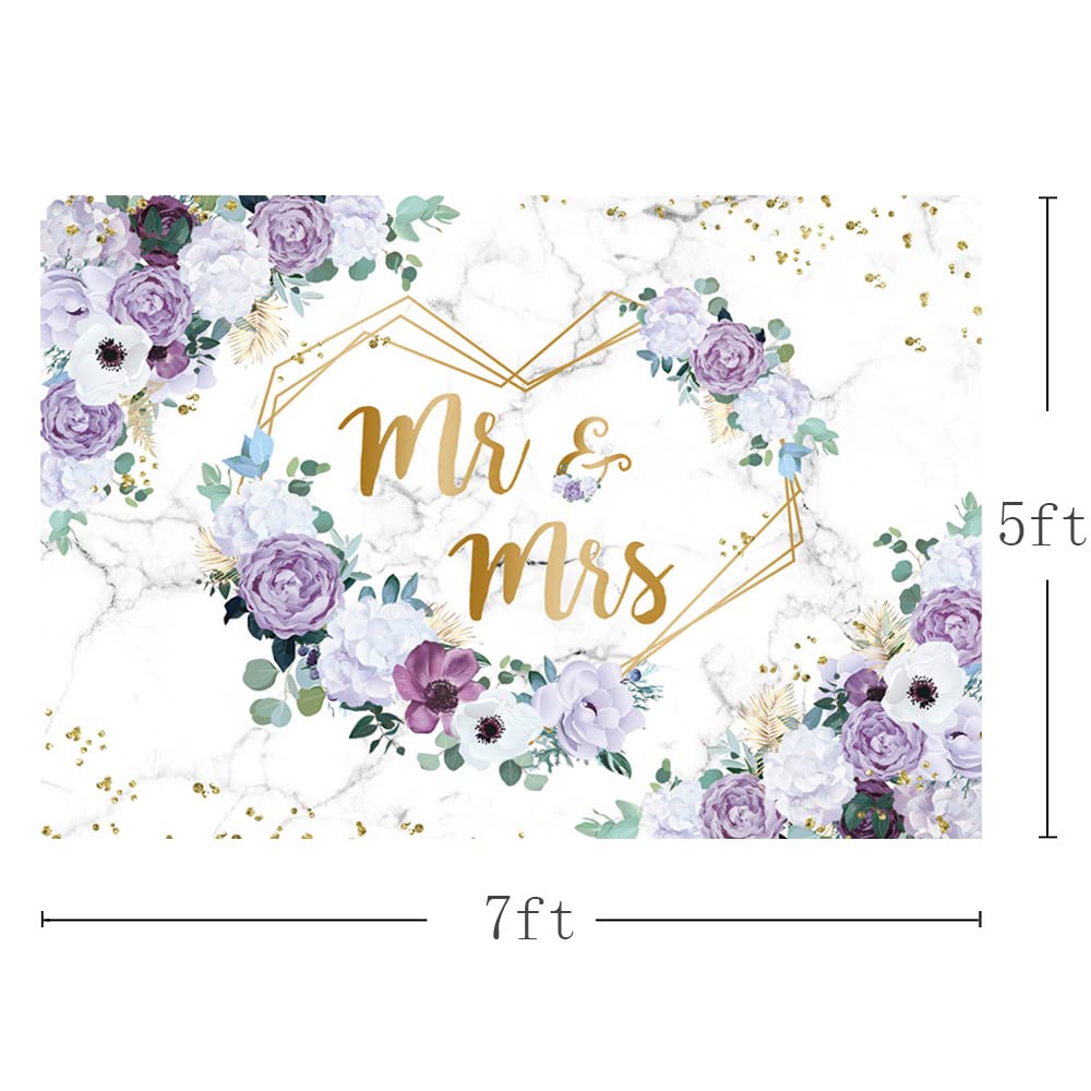 AIBIIN 7x5ft Mr and Mrs Violet Wedding Backdrop for Bridal Shower Purple and White Flowers Photography Background Hearts Geometric Couple Wedding Party Decorations Bride to Be Engagement Banner Props