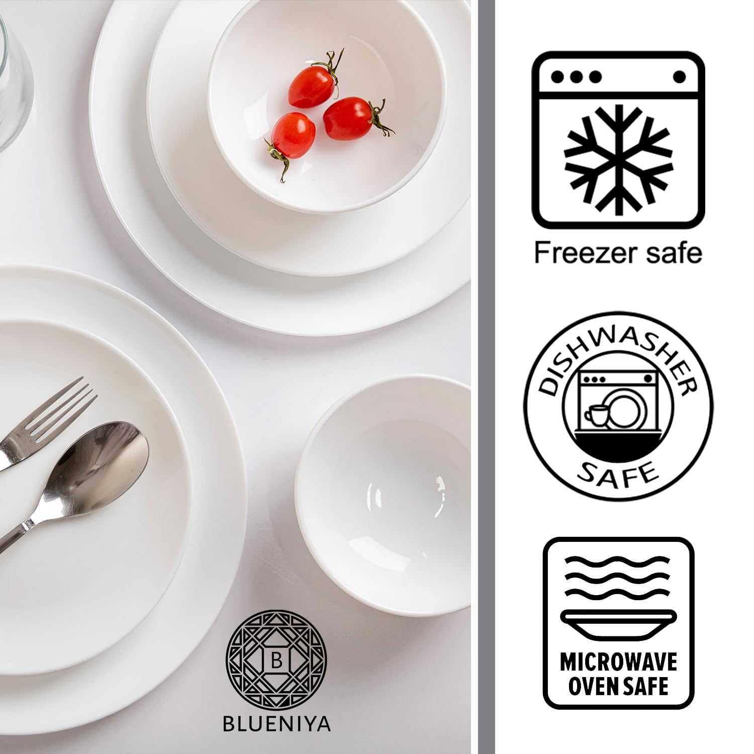 Blueniya 12 Piece Dinnerware Set, Bone China Dish, Round Kitchen, Microwave, Chip Resistant Dishwasher Safe Plates & Bowls Sets, Dinner Set W/Soup Bowls for Everday, Wedding & Thanksgiving (White)