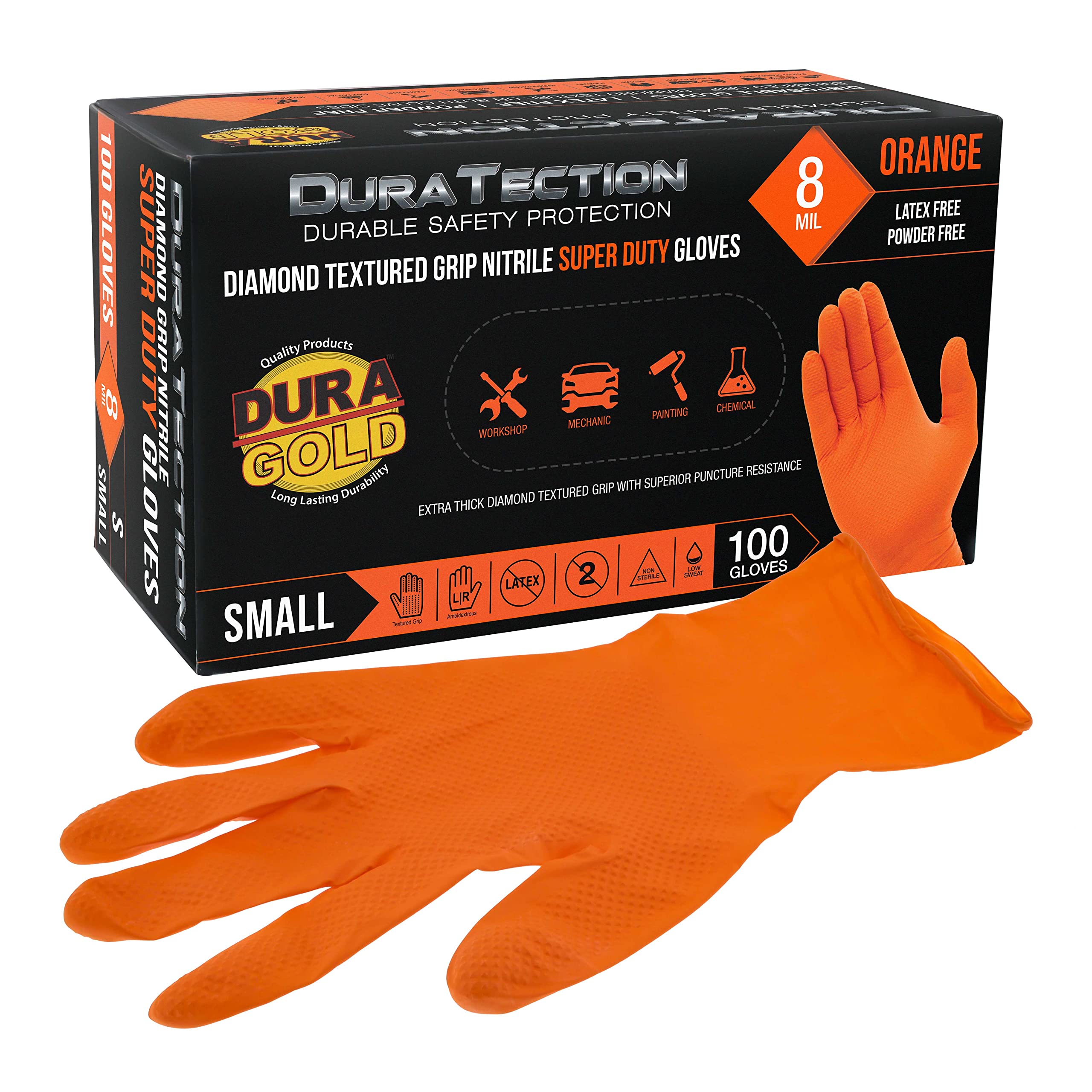 Dura-Gold Duratection 8 Mil Orange Super Duty Diamond Textured Nitrile Disposable Gloves, Box of 100, Large - Latex Free, Powder Free, Food Safe, Safety Protection Work Gloves, Mechanical, Industrial