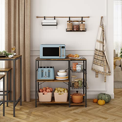 Hoctieon 3 Tier Microwave Oven Shelf, Microwave Storage Kitchen Storage Rack with 4 Hooks, Microwave Stand with 2 Slide-Out Baskets,Kitchen Baker's Rack, Microwave Oven Stand