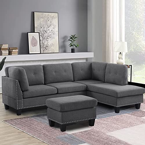 Flesser Small Sectional Sofa with Chaise Lounge Sofa and Convertible Ottoman L Shape Living Room Small Couches 3 Seat Sofa Couch for Home Office, Right Facing Couch in Dark Grey