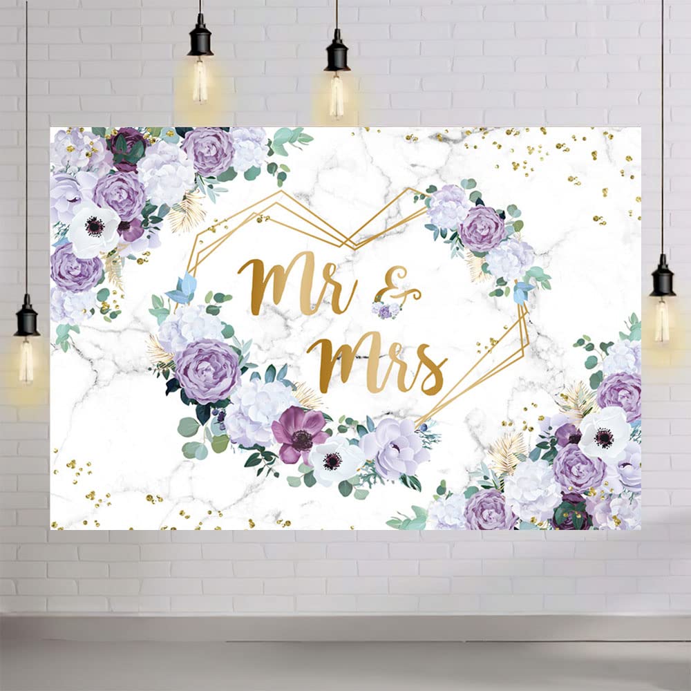 AIBIIN 7x5ft Mr and Mrs Violet Wedding Backdrop for Bridal Shower Purple and White Flowers Photography Background Hearts Geometric Couple Wedding Party Decorations Bride to Be Engagement Banner Props