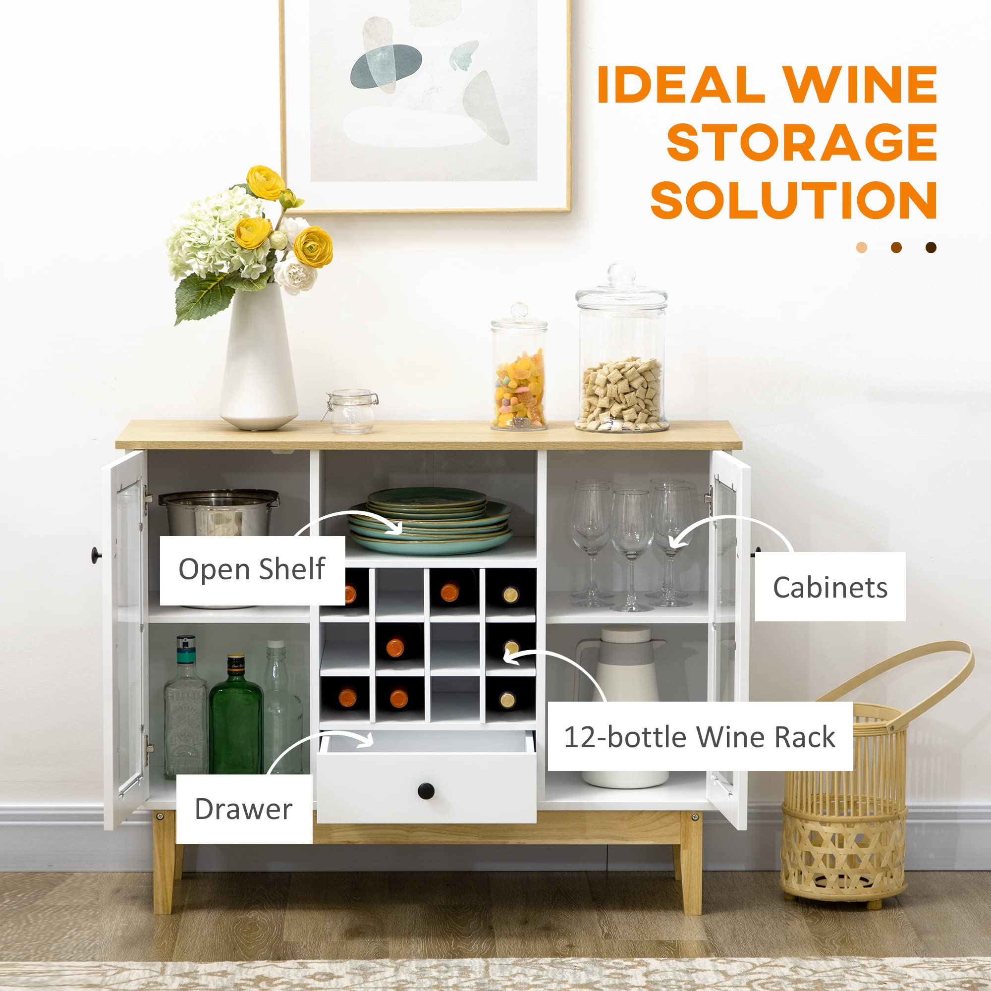 HOMCOM Wine Cabinet, Coffee Bar Cabinet with 12-Bottle Wine Rack, Drawer and Glass Doors, Kitchen Buffet Cabinet, White