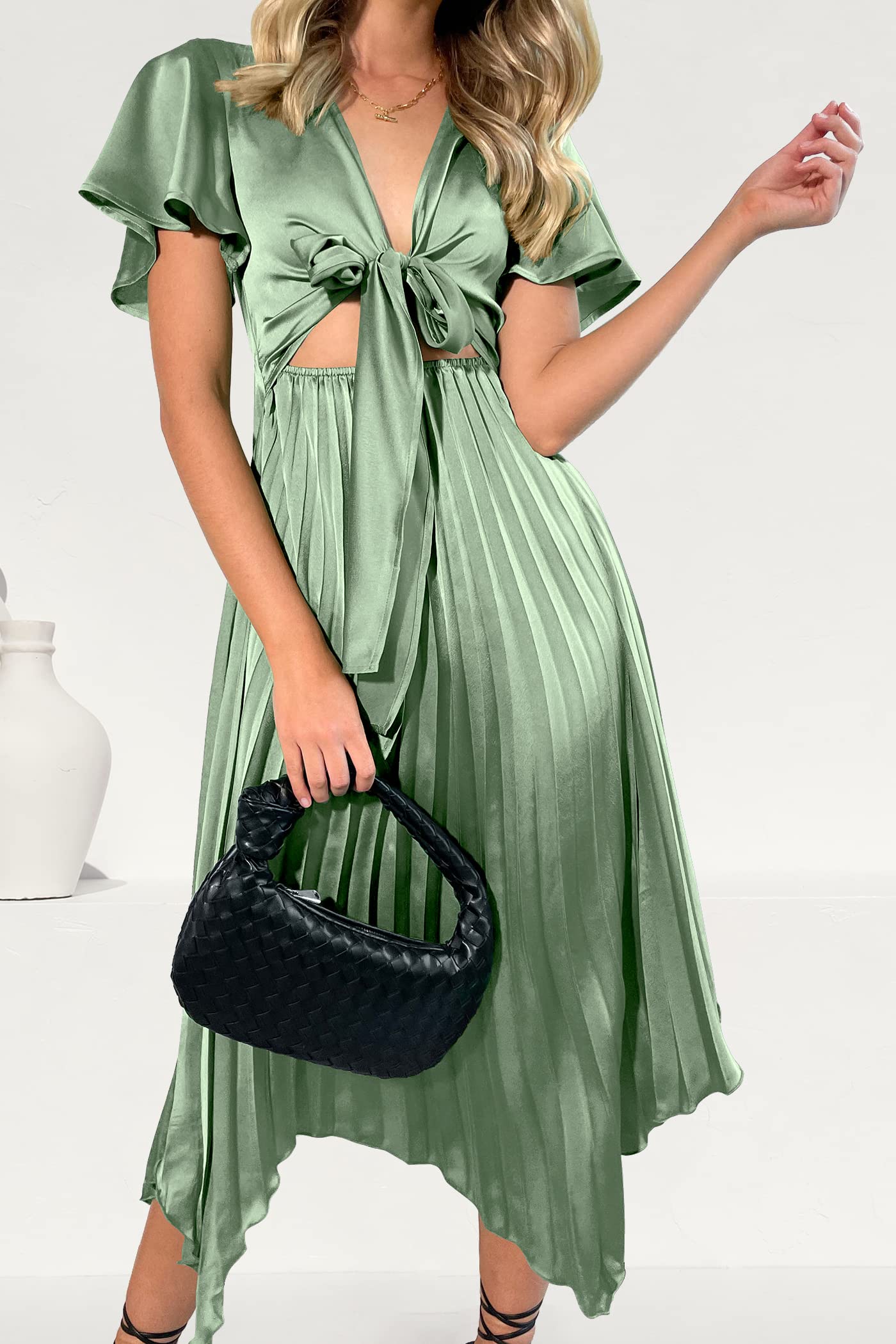 PRETTYGARDEN Women's 2023 Satin Summer Dress Short Sleeve V Neck Tie Front Cutout Pleated A Line Midi Dresses (Light Green,Medium)