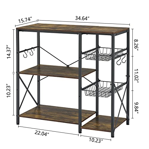 Hoctieon 3 Tier Microwave Oven Shelf, Microwave Storage Kitchen Storage Rack with 4 Hooks, Microwave Stand with 2 Slide-Out Baskets,Kitchen Baker's Rack, Microwave Oven Stand