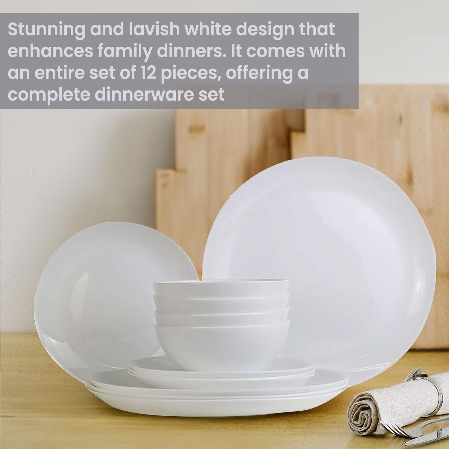 Blueniya 12 Piece Dinnerware Set, Bone China Dish, Round Kitchen, Microwave, Chip Resistant Dishwasher Safe Plates & Bowls Sets, Dinner Set W/Soup Bowls for Everday, Wedding & Thanksgiving (White)