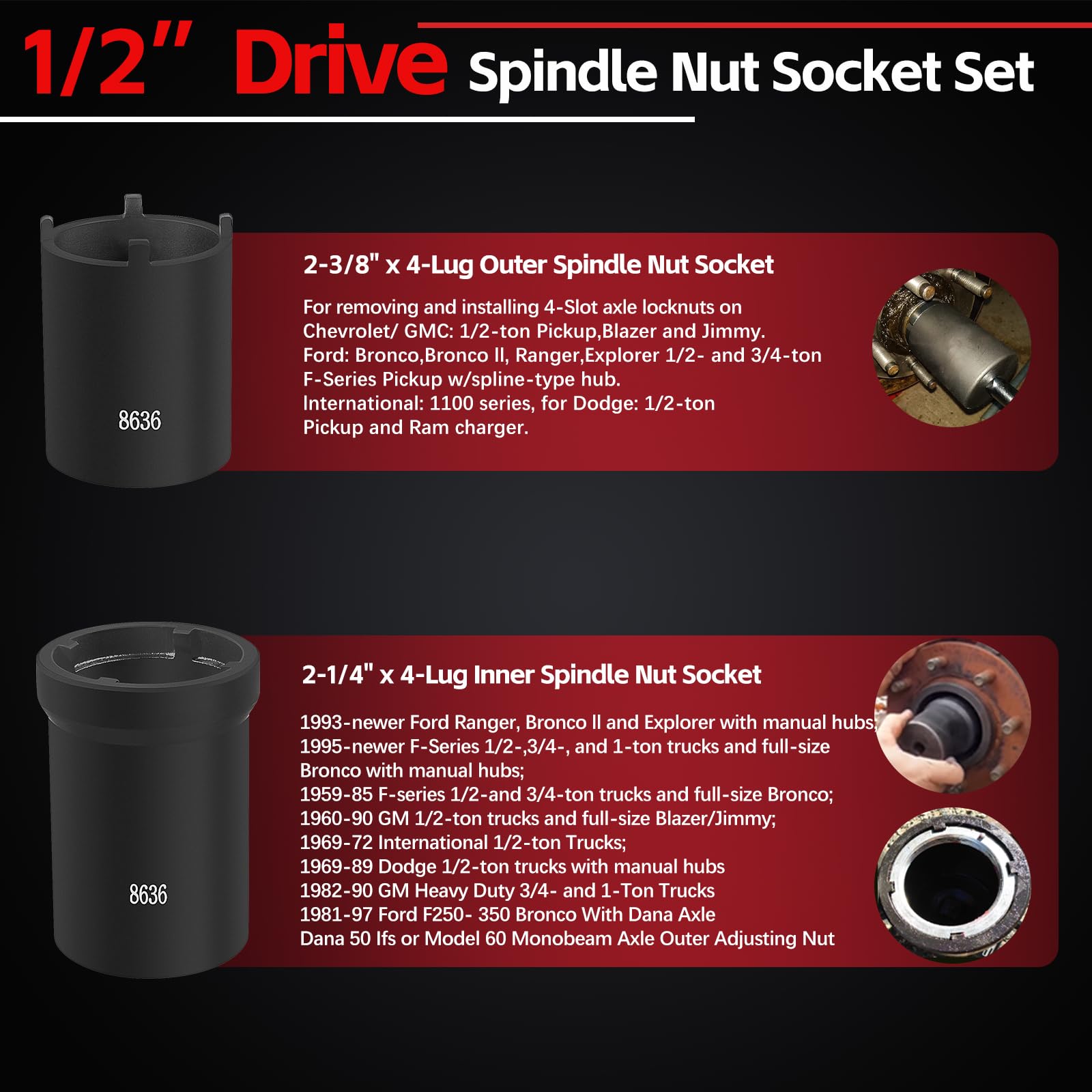 Spindle Nut Socket Tool Kit 5 Pcs Axle Hub Lock Nut Socket Set 1/2” Drive Wheel Drive Spindle Nut Remover Installer for Ford Dana 50/60, Chevy, and Dodge, Replace# 648636 Lug Out Spindle Socket Set