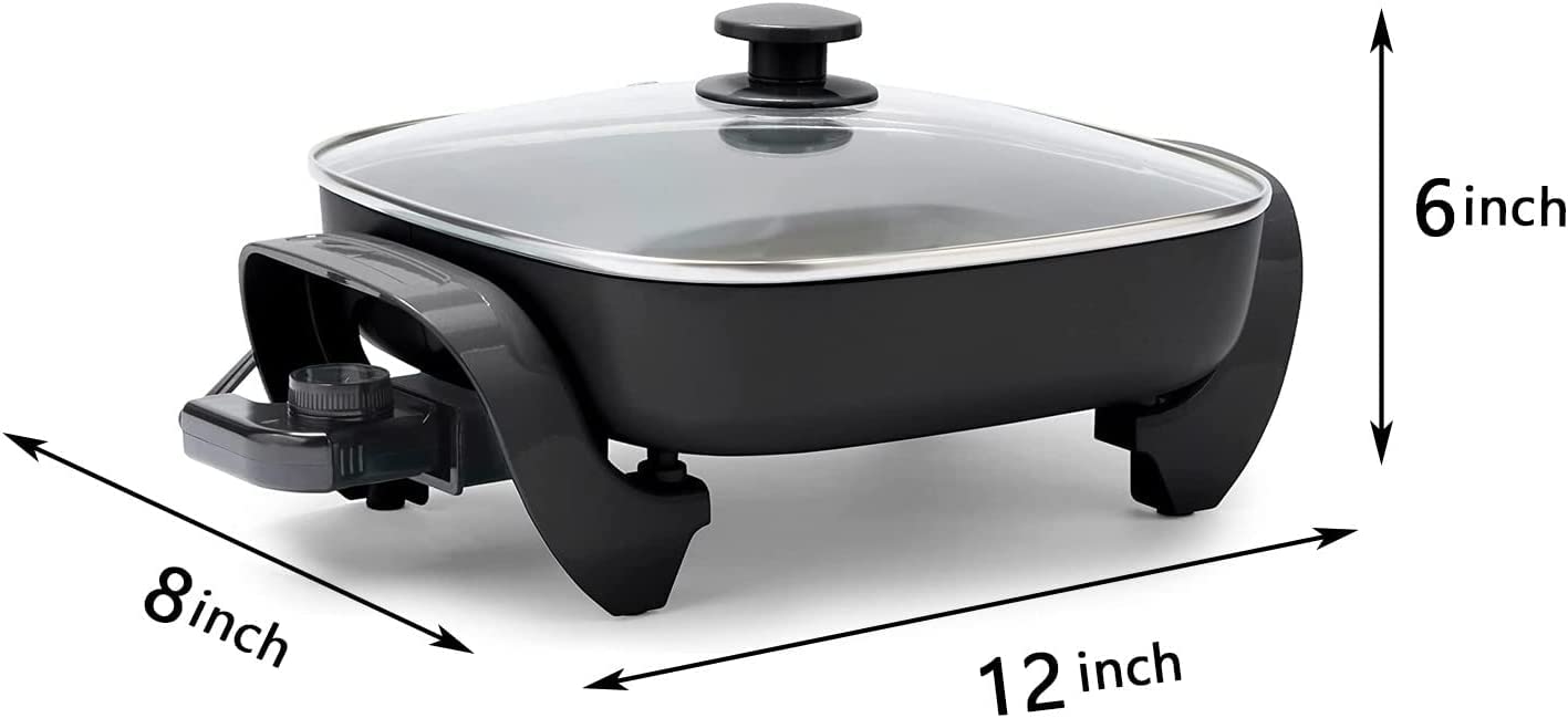 12-inch Ceramic Electric Skillet Nonstick - with Glass Lid, Adjustable Temperature Control (5QT.)