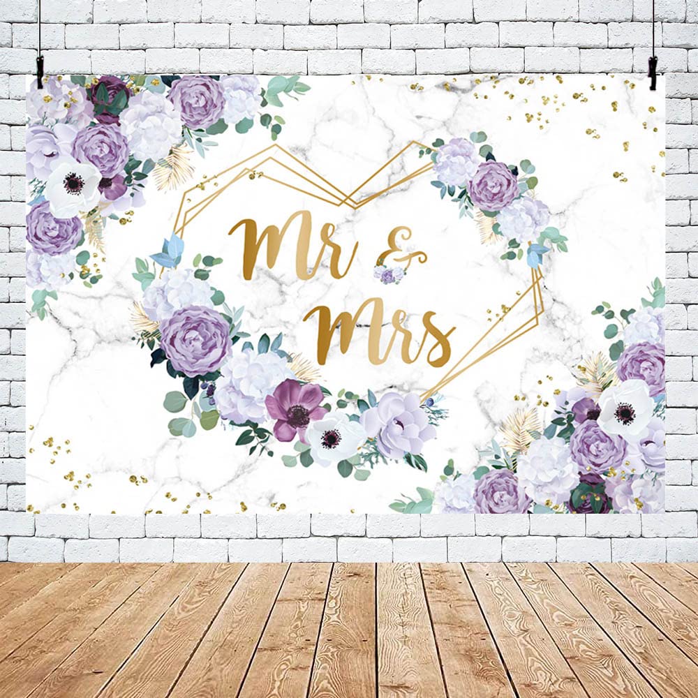 AIBIIN 7x5ft Mr and Mrs Violet Wedding Backdrop for Bridal Shower Purple and White Flowers Photography Background Hearts Geometric Couple Wedding Party Decorations Bride to Be Engagement Banner Props