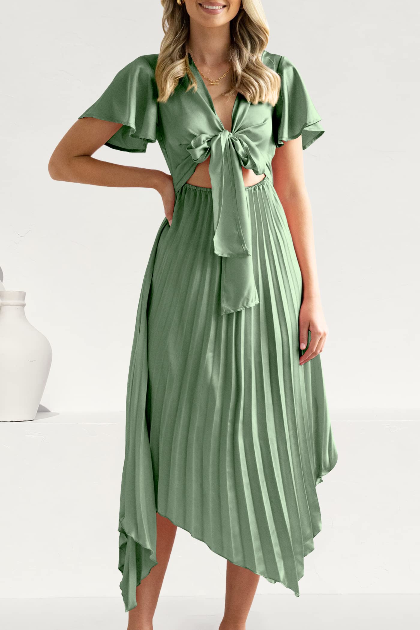 PRETTYGARDEN Women's 2023 Satin Summer Dress Short Sleeve V Neck Tie Front Cutout Pleated A Line Midi Dresses (Light Green,Medium)