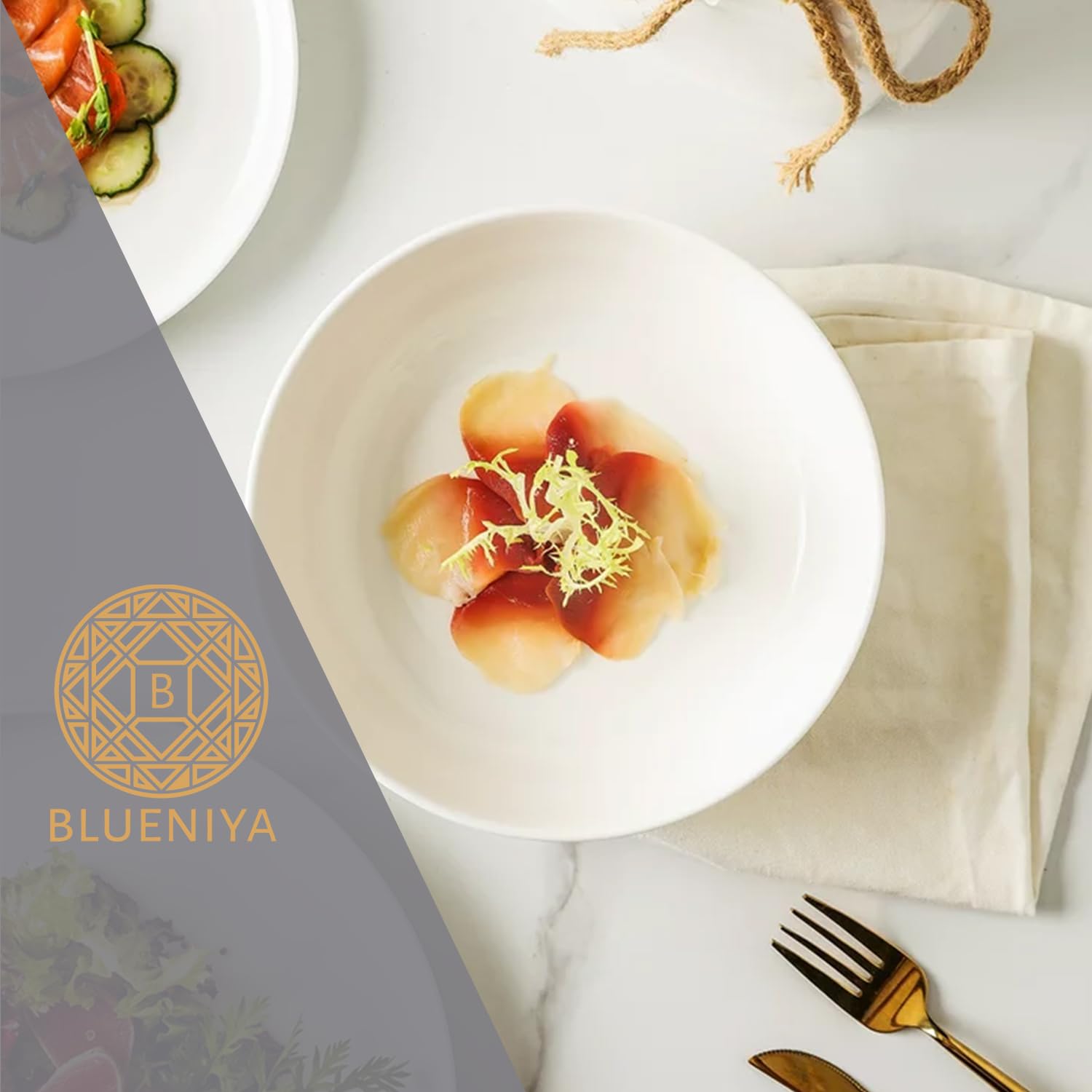 Blueniya 12 Piece Dinnerware Set, Bone China Dish, Round Kitchen, Microwave, Chip Resistant Dishwasher Safe Plates & Bowls Sets, Dinner Set W/Soup Bowls for Everday, Wedding & Thanksgiving (White)